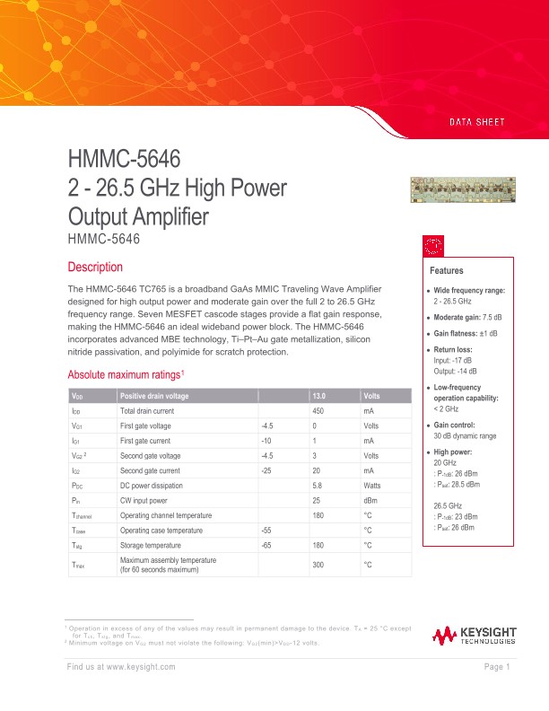 HMMC-5646 2-26.5GHz High Power Output Amplifier PDF Asset Page | Keysight
